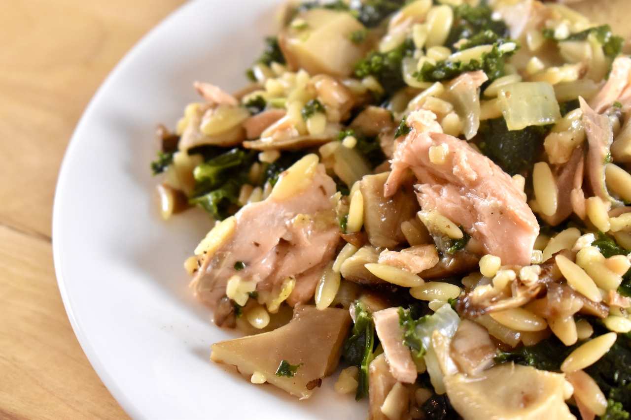 Oyster Mushrooms with Orzo, Kale, and Salmon - The Intrepid Eater